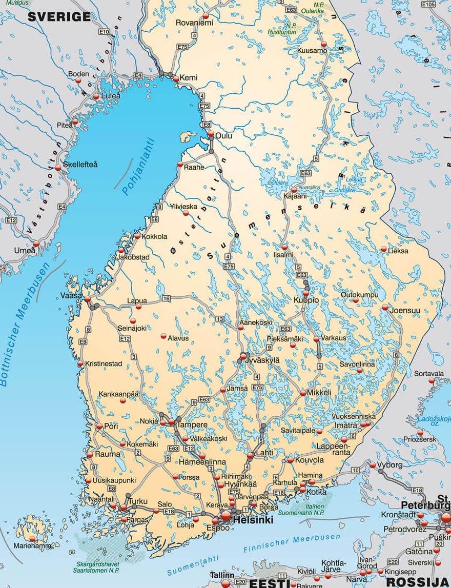 Finland Map Finland Political Map, Red Country Shape, Borders Stock