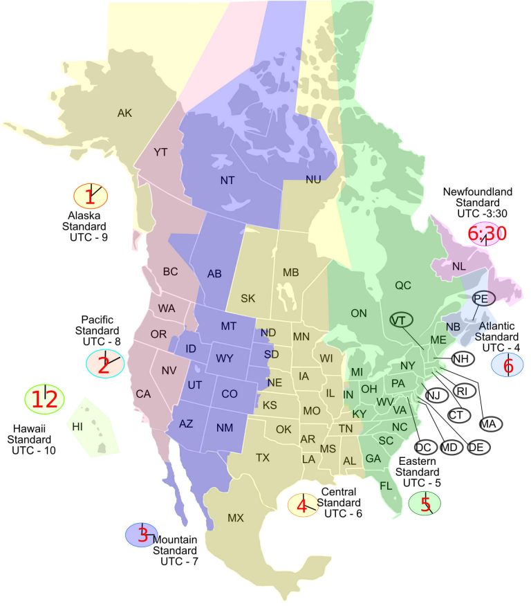 North America Time Zones with Cities & States - Guide of the World