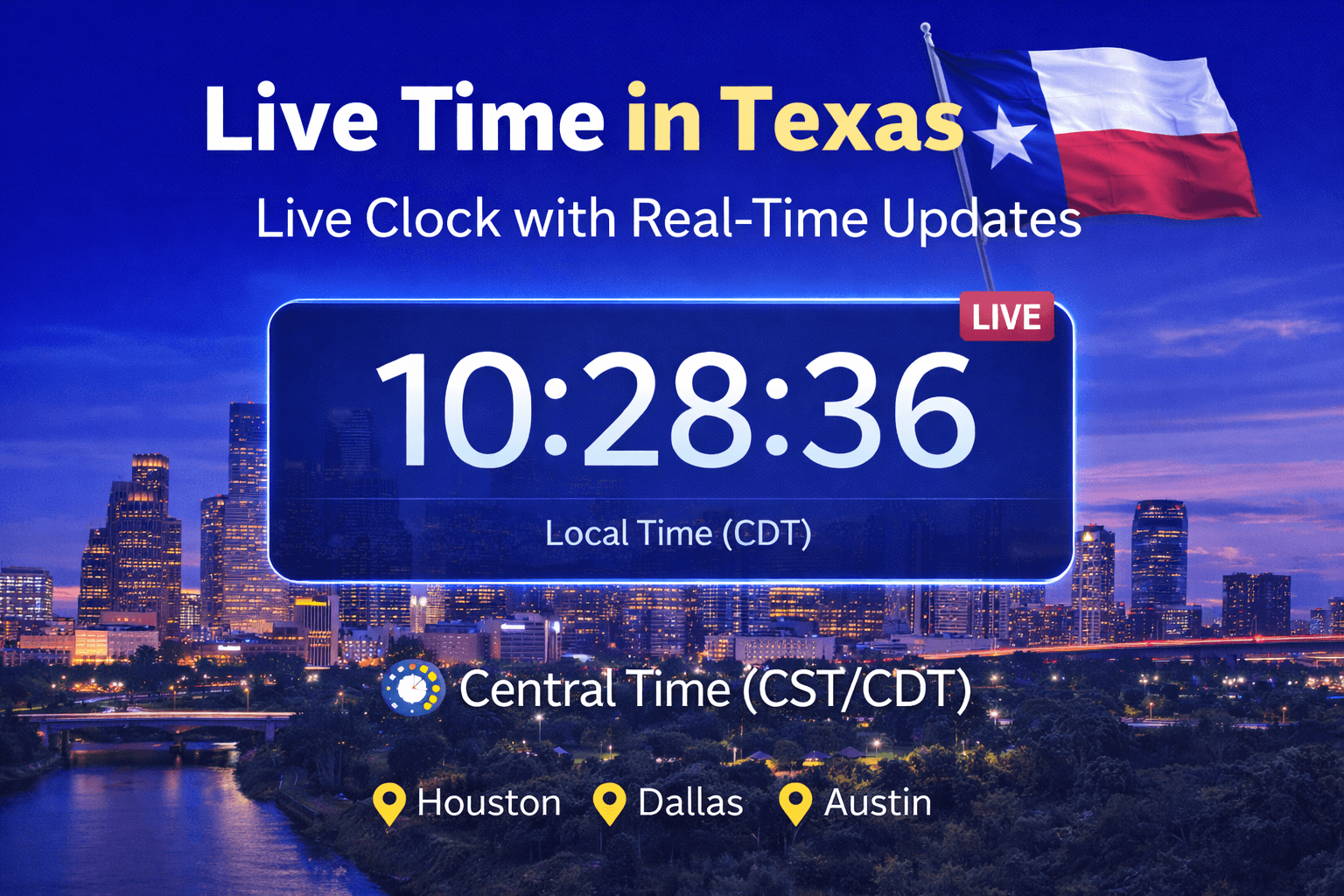 Live Time in Texas - Live Clock with Real-Time Updates - Guide of the World